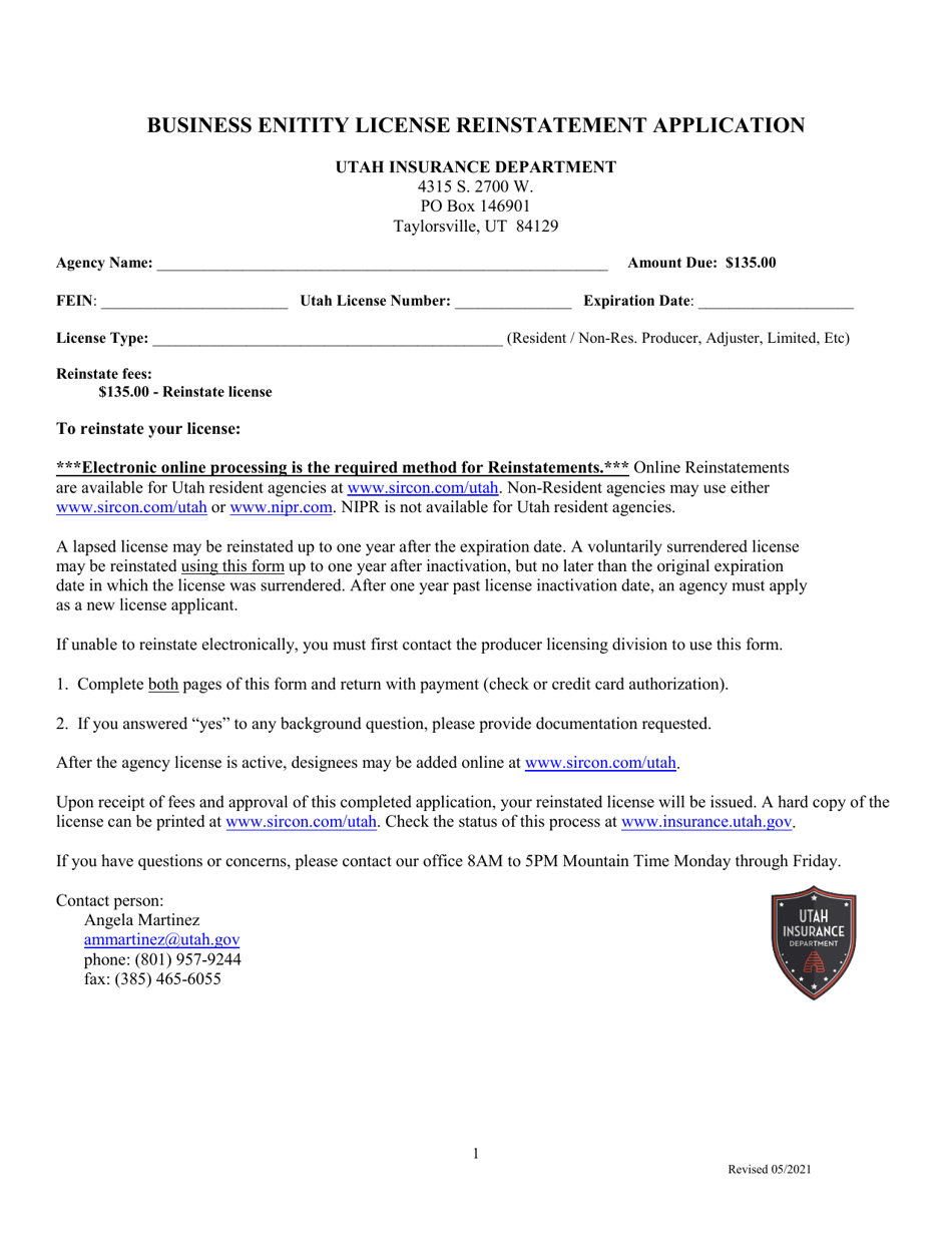 Utah Business Enitity License Reinstatement Application - Fill Out ...