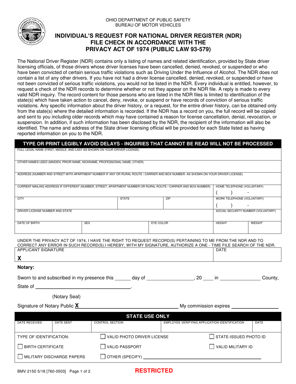 Form BMV2150 - Fill Out, Sign Online and Download Printable PDF, Ohio ...