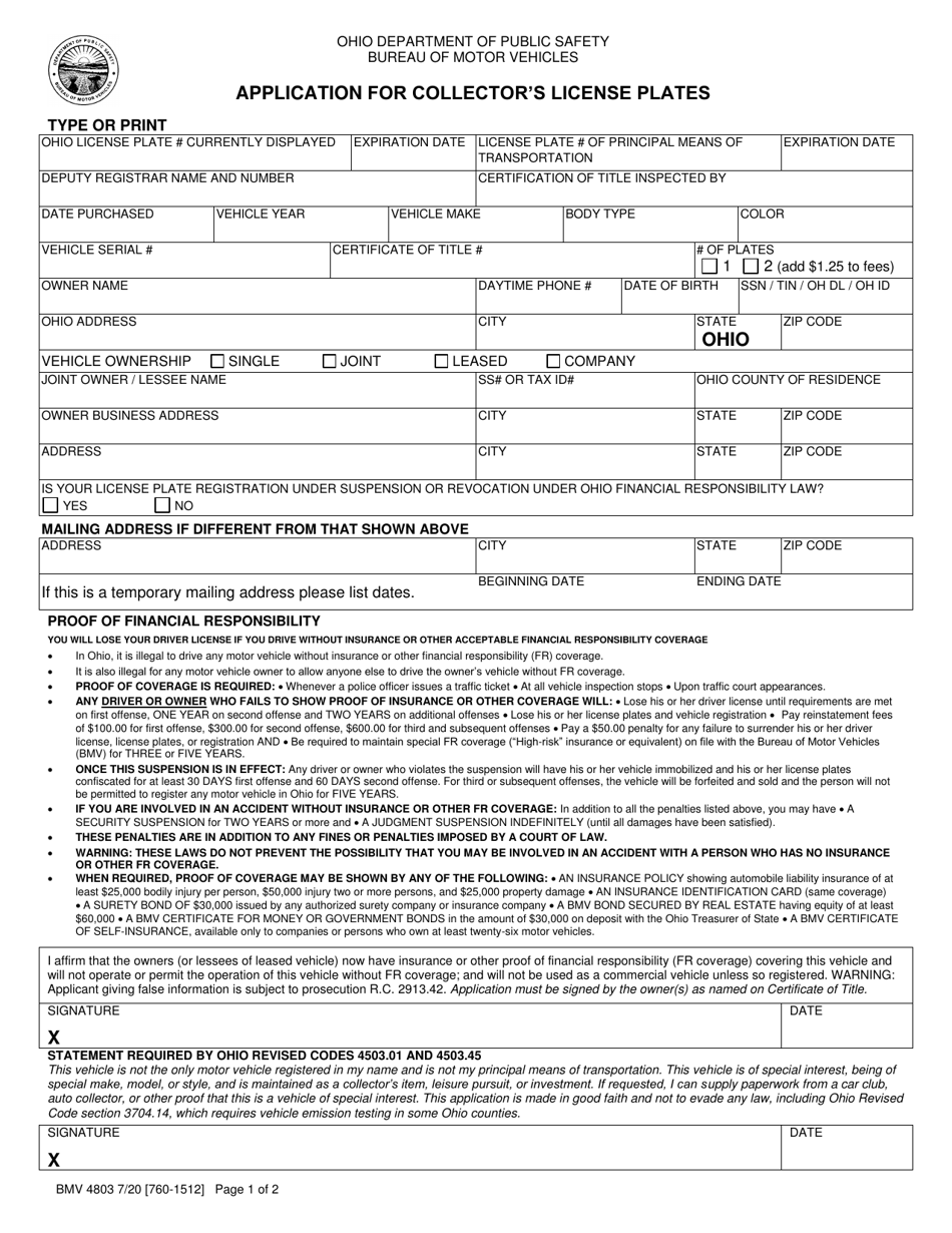 Form BMV4803 - Fill Out, Sign Online and Download Printable PDF, Ohio ...