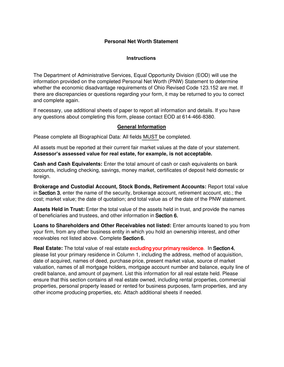 Download Instructions for Personal Net Worth Statement PDF | Templateroller
