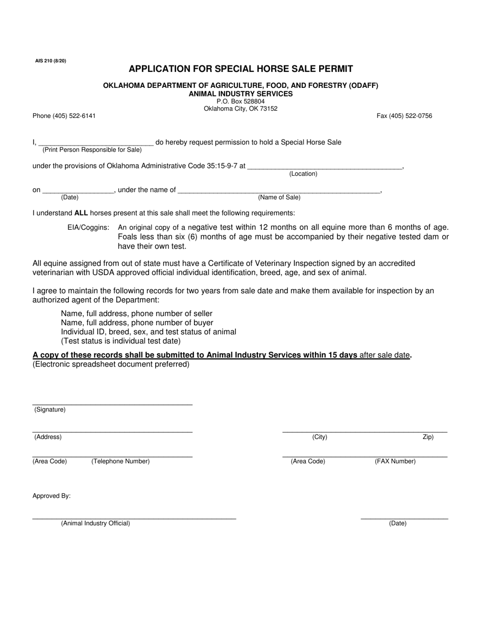 Form AIS210 - Fill Out, Sign Online and Download Fillable PDF, Oklahoma ...