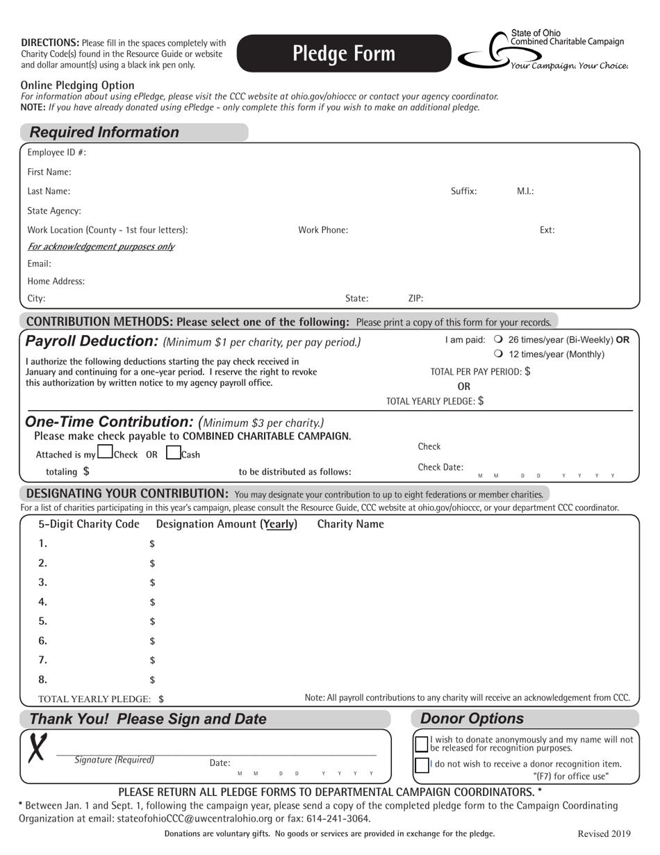 Ohio Pledge Form - Combined Charitable Campaign - Fill Out, Sign Online ...