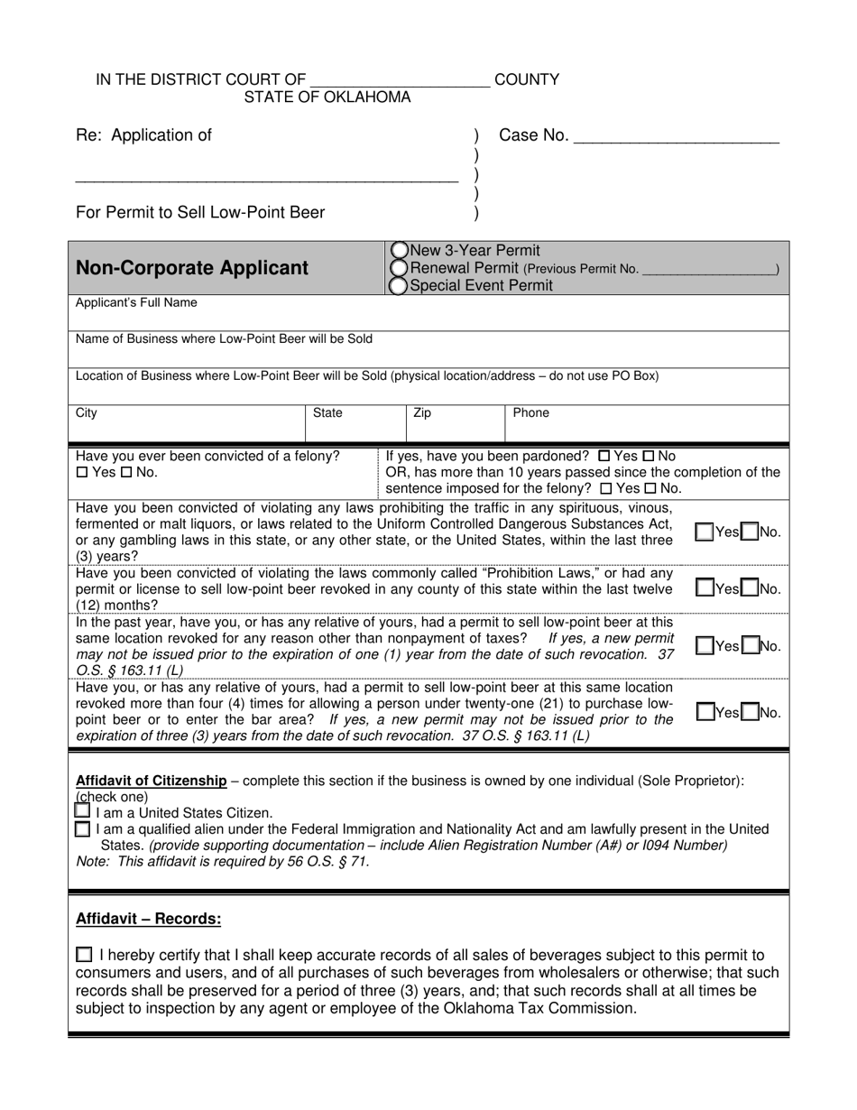 Oklahoma Application for Permit to Sell Low-Point Beer - Non-corporate ...