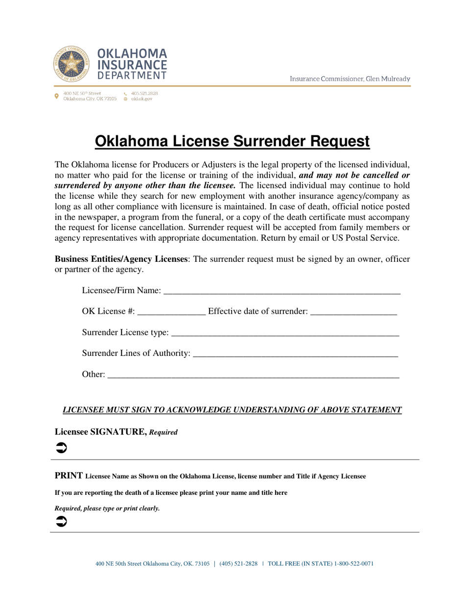 Oklahoma Oklahoma License Surrender Request - Fill Out, Sign Online and ...