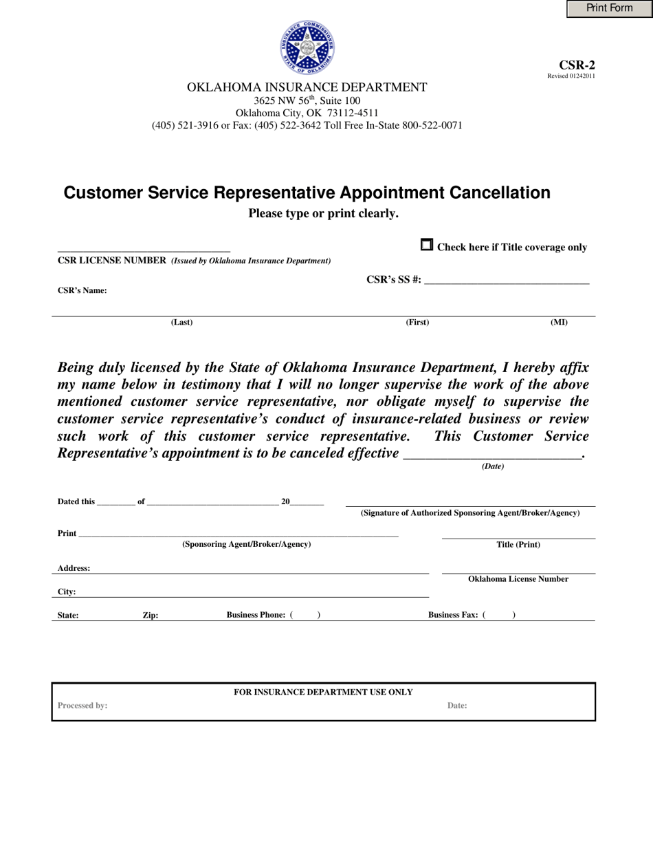 Form CSR-2 - Fill Out, Sign Online and Download Fillable PDF, Oklahoma ...