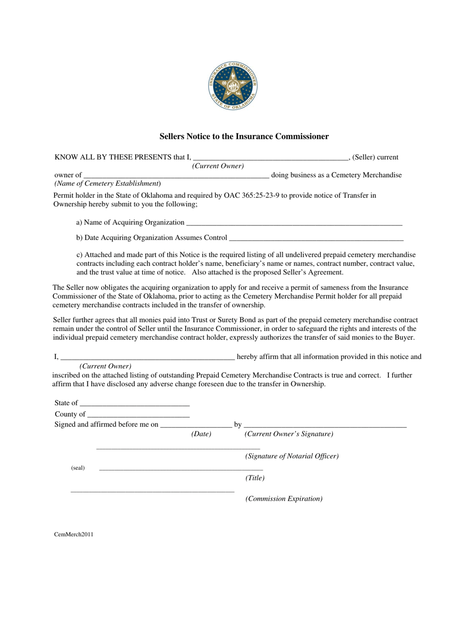 Oklahoma Sellers Notice to the Insurance Commissioner (Cmt) - Fill Out ...