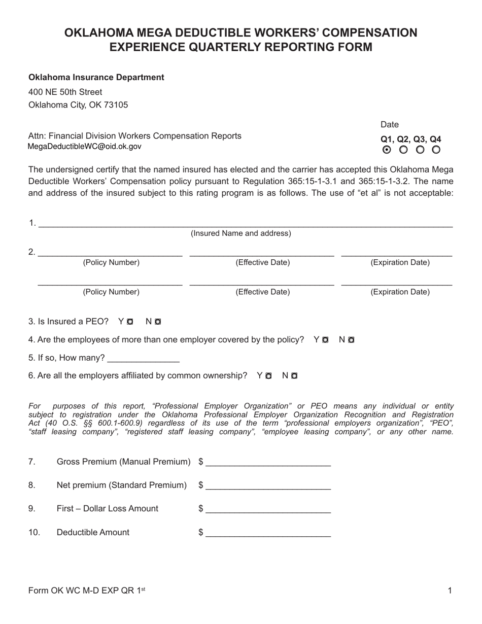 Oklahoma Oklahoma Mega Deductible Workers' Compensation Experience Quarterly Reporting Form ...