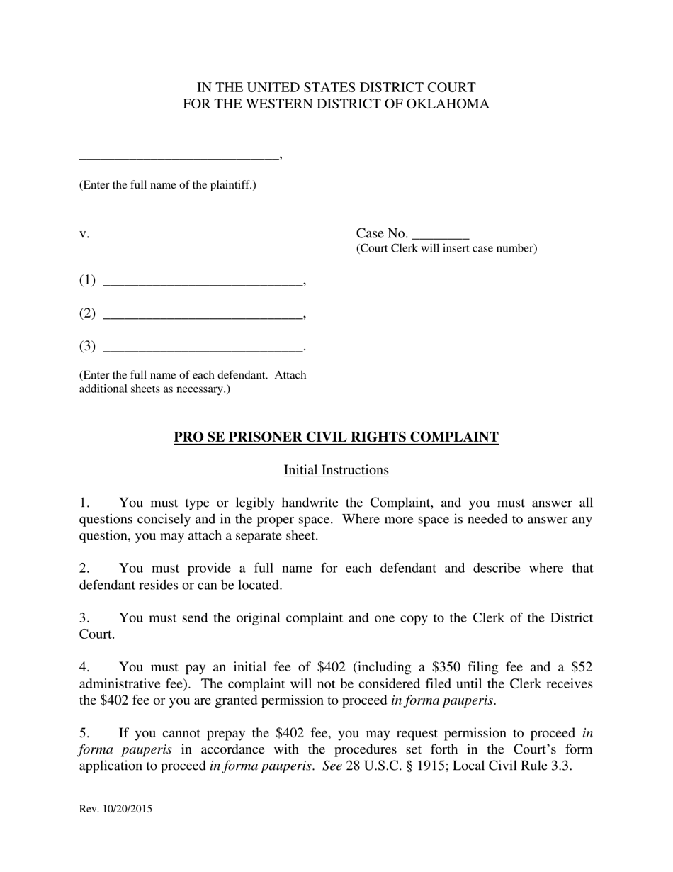 Oklahoma Pro Se Prisoner Civil Rights Complaint - Fill Out, Sign Online ...