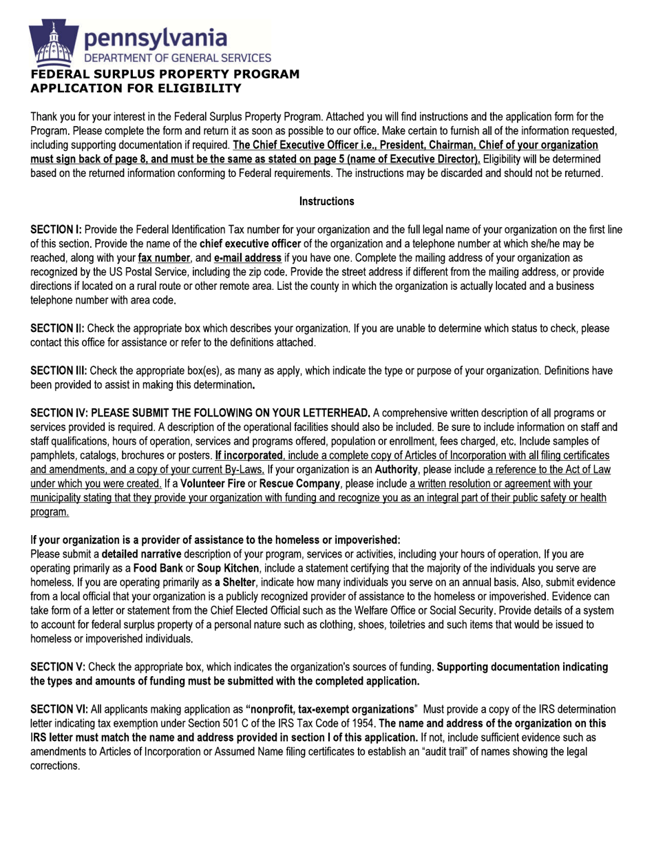 Pennsylvania Application for Eligibility - Federal Surplus Property ...