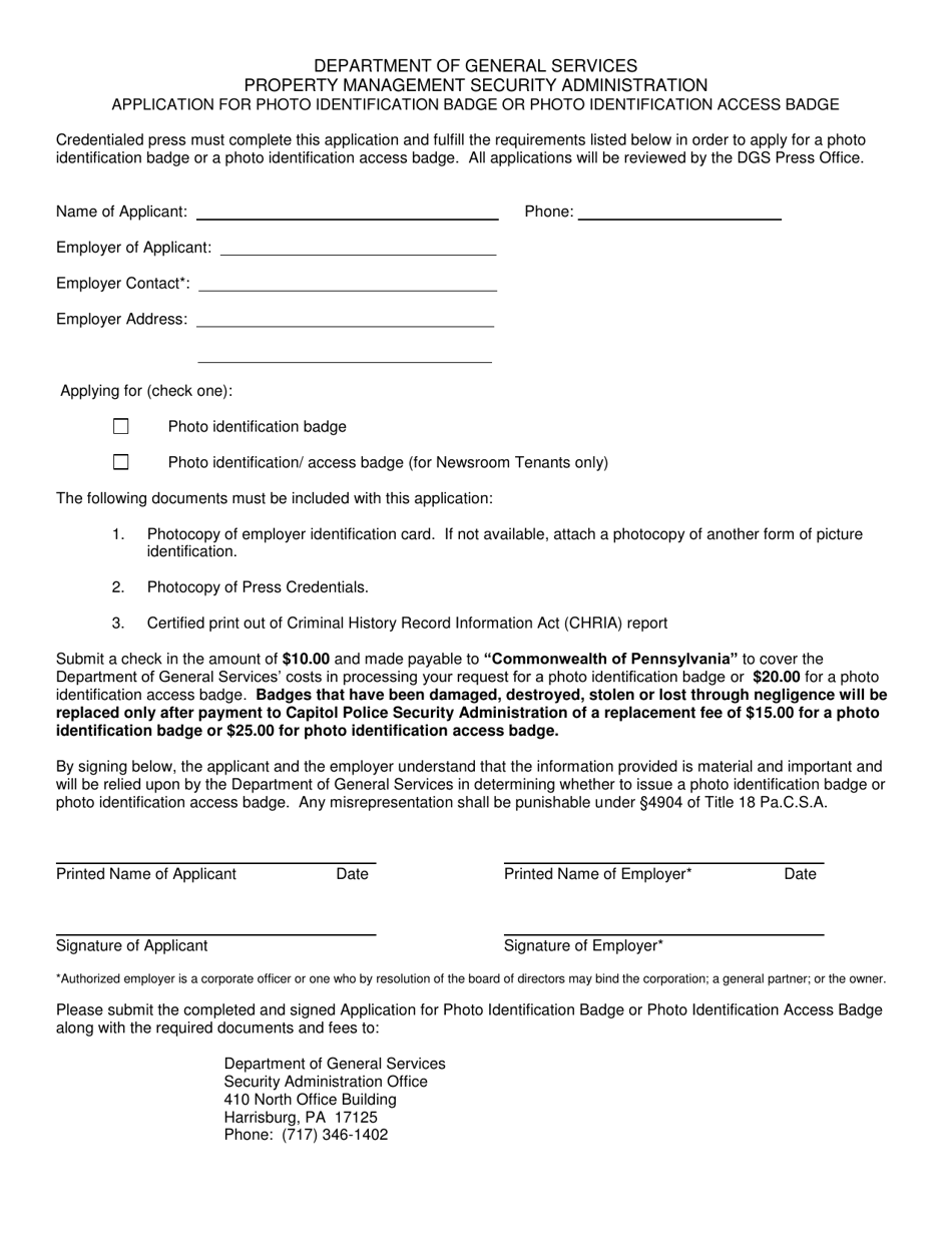Pennsylvania Application for Photo Identification Badge or Photo ...