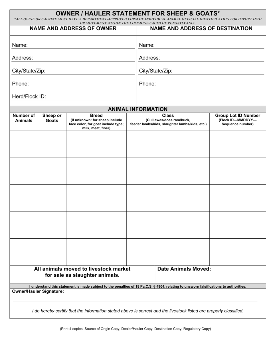 Pennsylvania Owner/Hauler Statement for Sheep & Goats - Fill Out, Sign ...