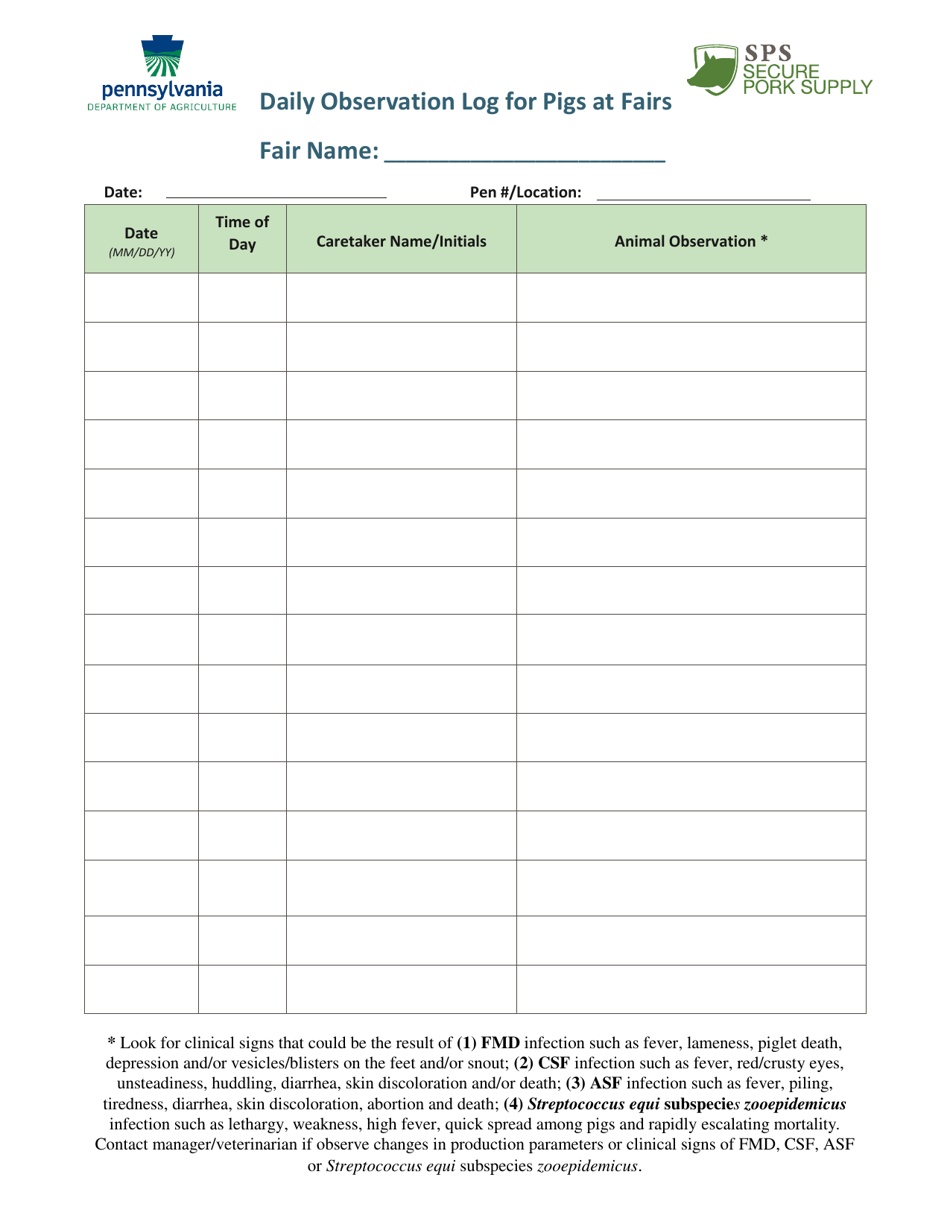 Pennsylvania Daily Observation Log for Pigs at Fairs - Fill Out, Sign ...