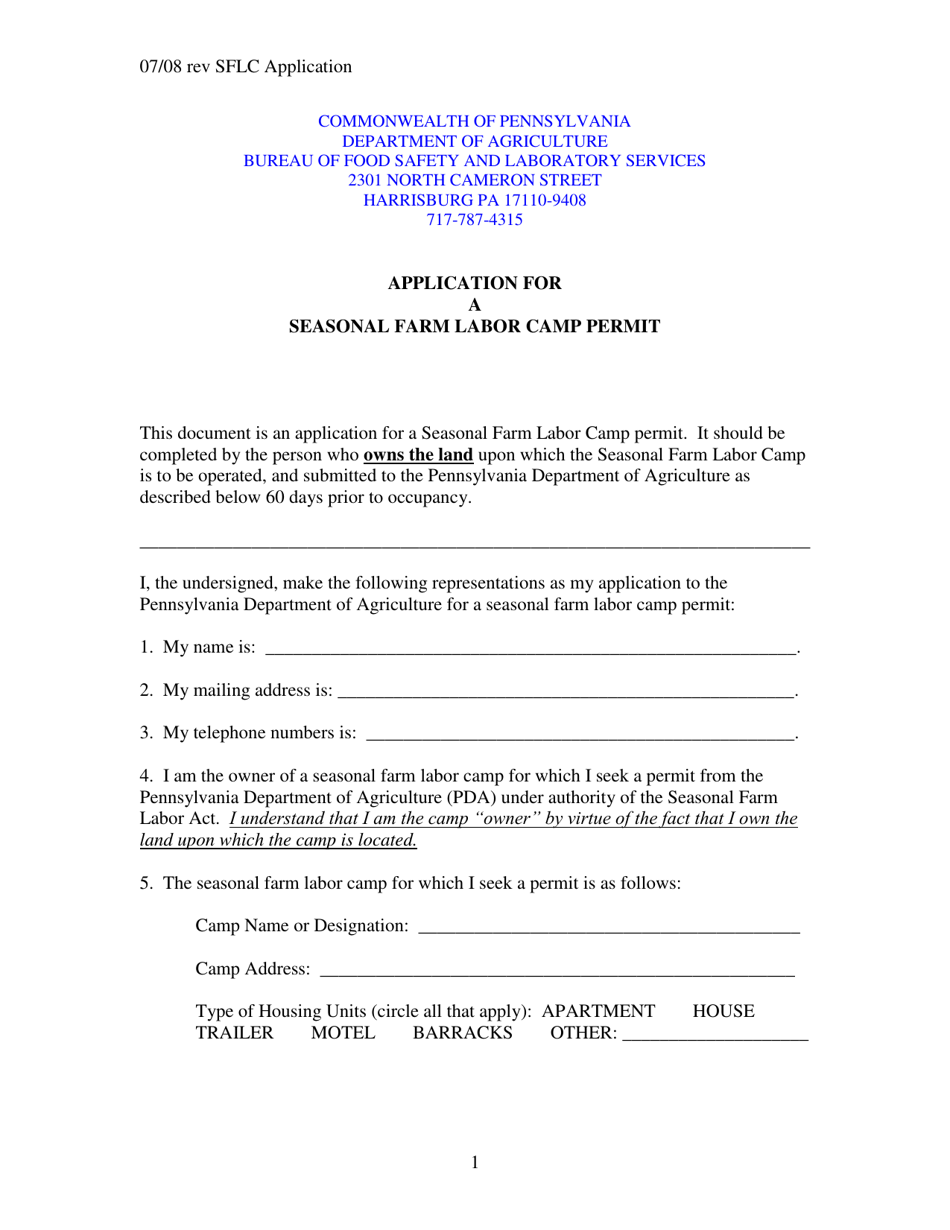 Pennsylvania Application for a Seasonal Farm Labor Camp Permit - Fill ...