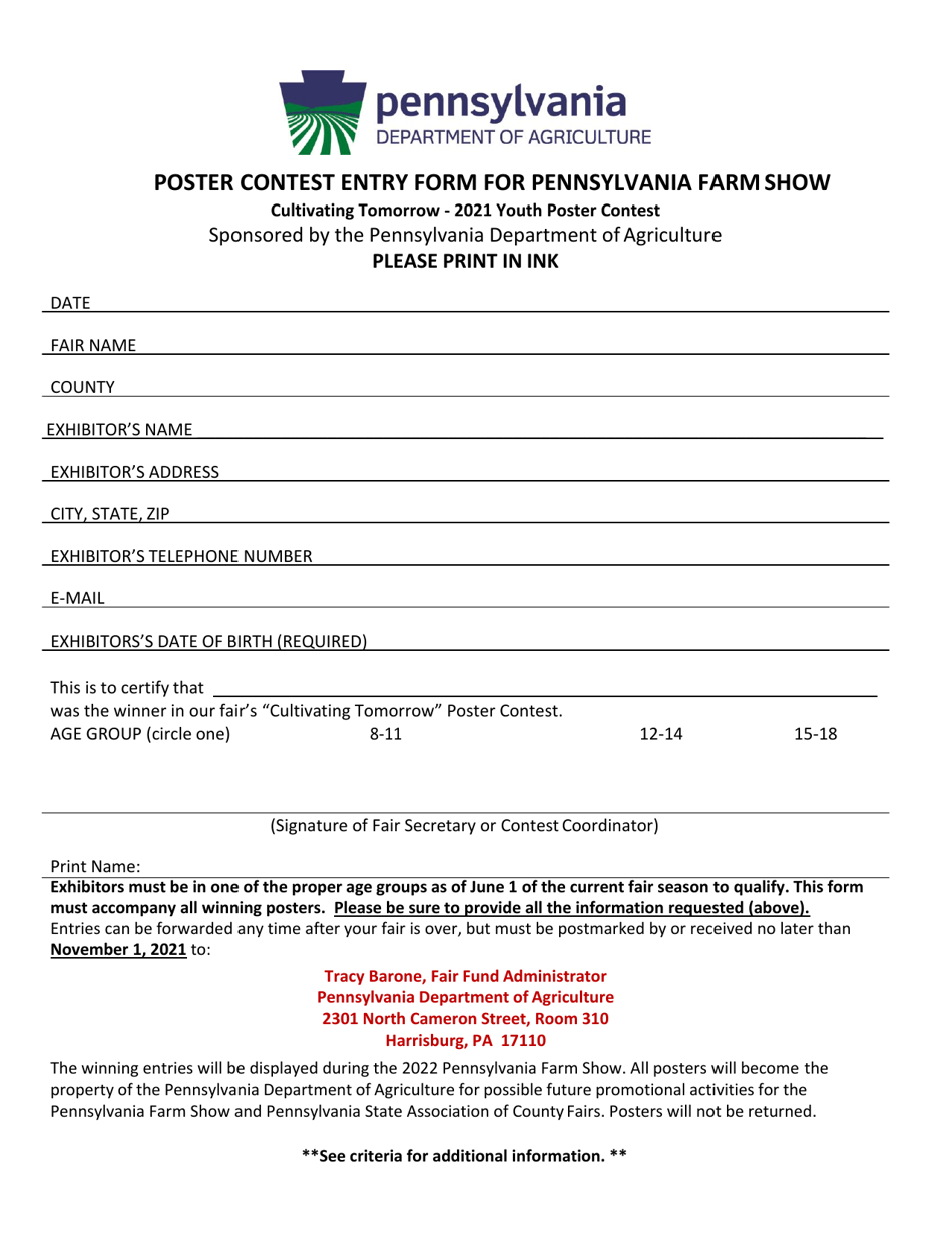 2021 Pennsylvania Poster Contest Entry Form for Pennsylvania Farm Show ...