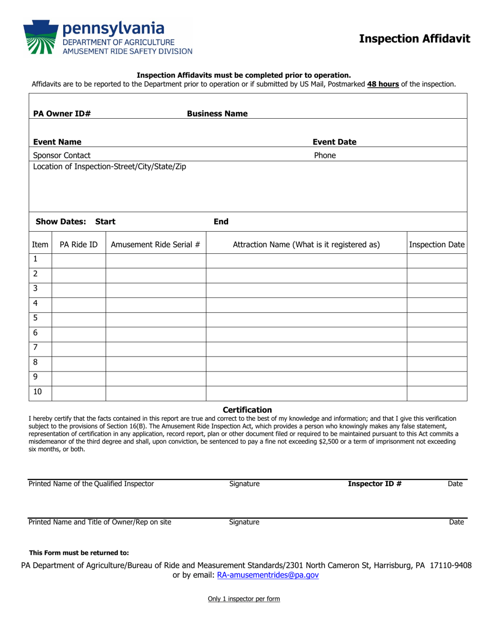 Pennsylvania Amusement Rides Inspection Affidavit - Fill Out, Sign ...