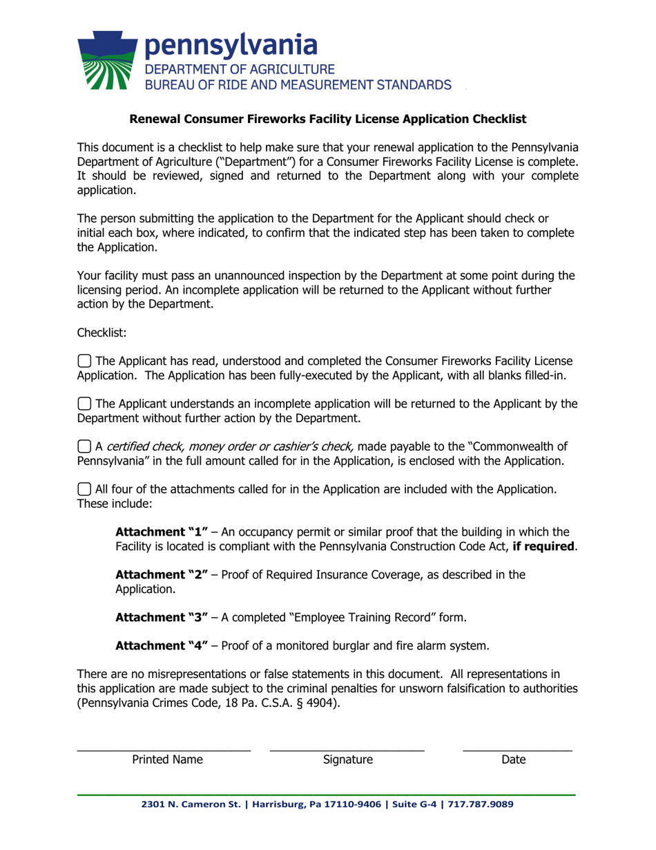 Pennsylvania Renewal Consumer Fireworks Facility License Application ...