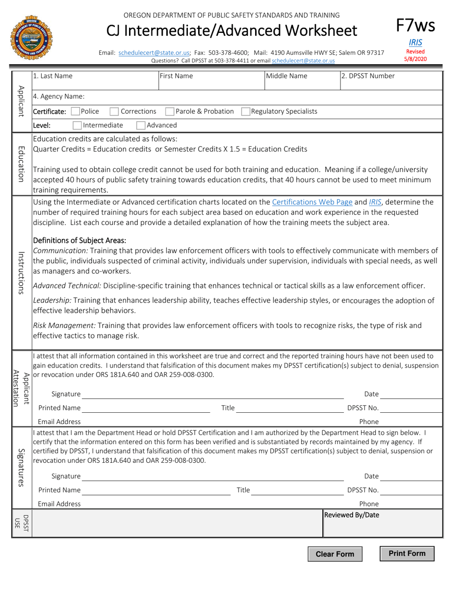 Form F7WS Download Fillable PDF or Fill Online Cj Intermediate/Advanced ...
