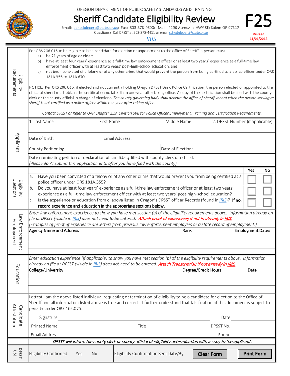 Form F25 - Fill Out, Sign Online and Download Fillable PDF, Oregon ...