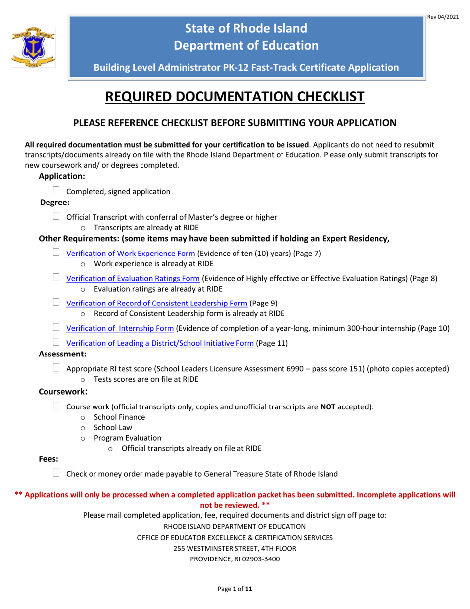 Rhode Island Building Level Administrator Pk-12 Fast-Track Certificate ...
