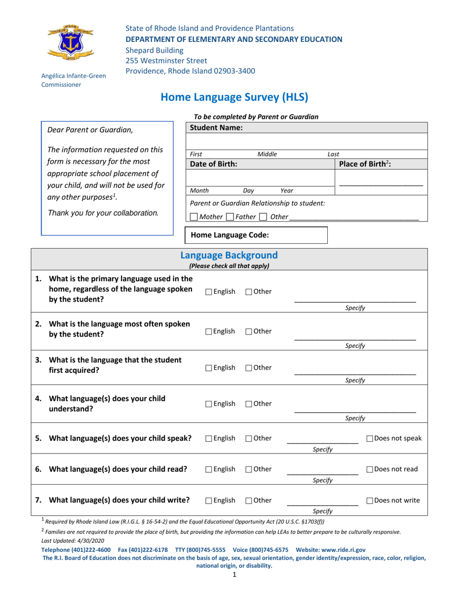 Rhode Island Home Language Survey (Hls) - Fill Out, Sign Online and ...