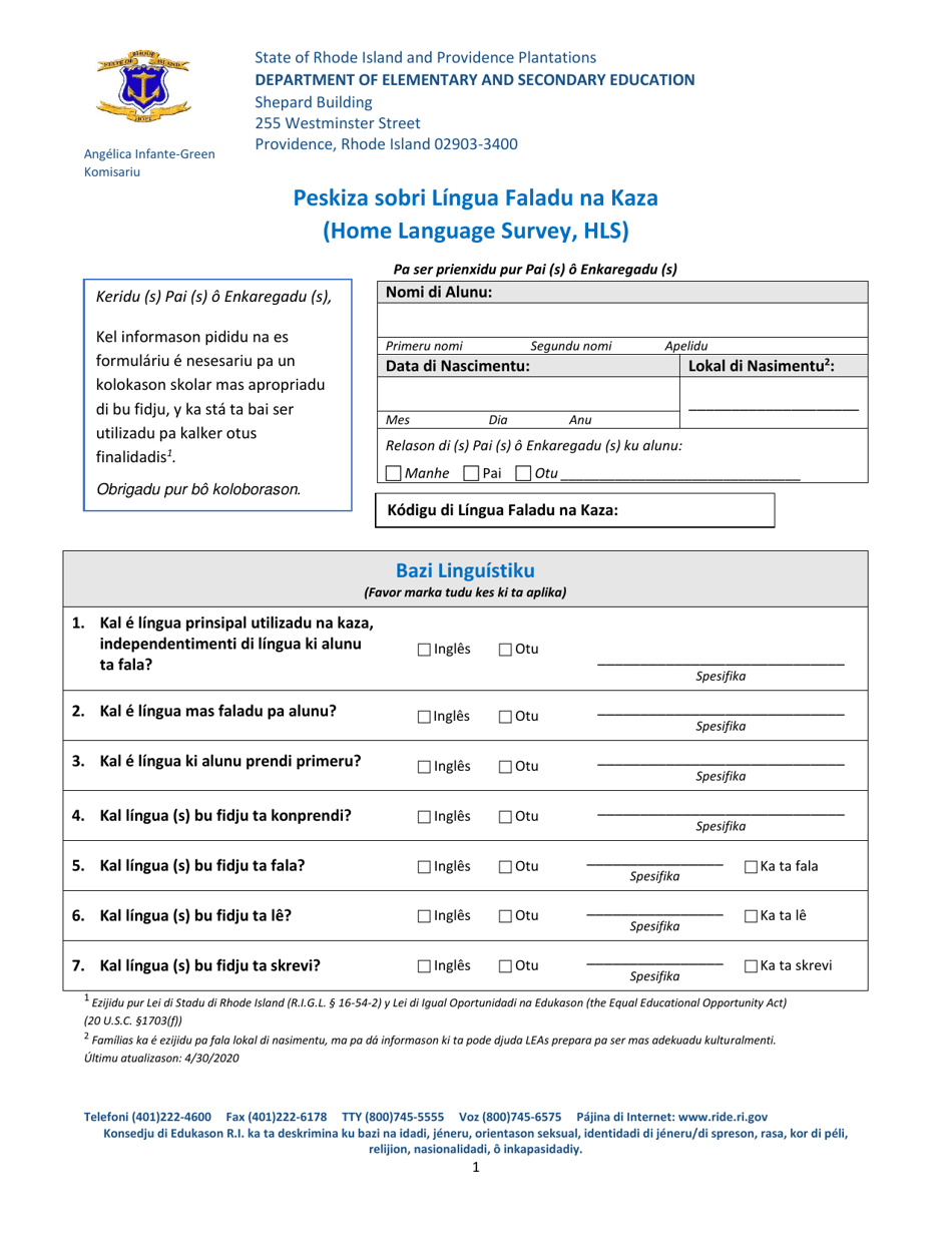 Rhode Island Home Language Survey (Hls) (Cape Verdean) - Fill Out, Sign ...