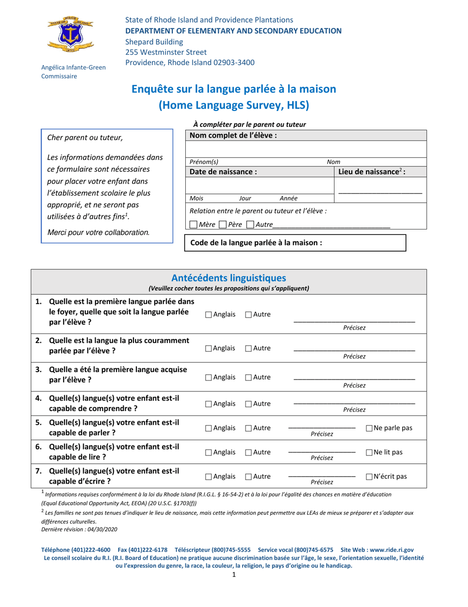 Rhode Island Home Language Survey (Hls) (English/French) - Fill Out ...