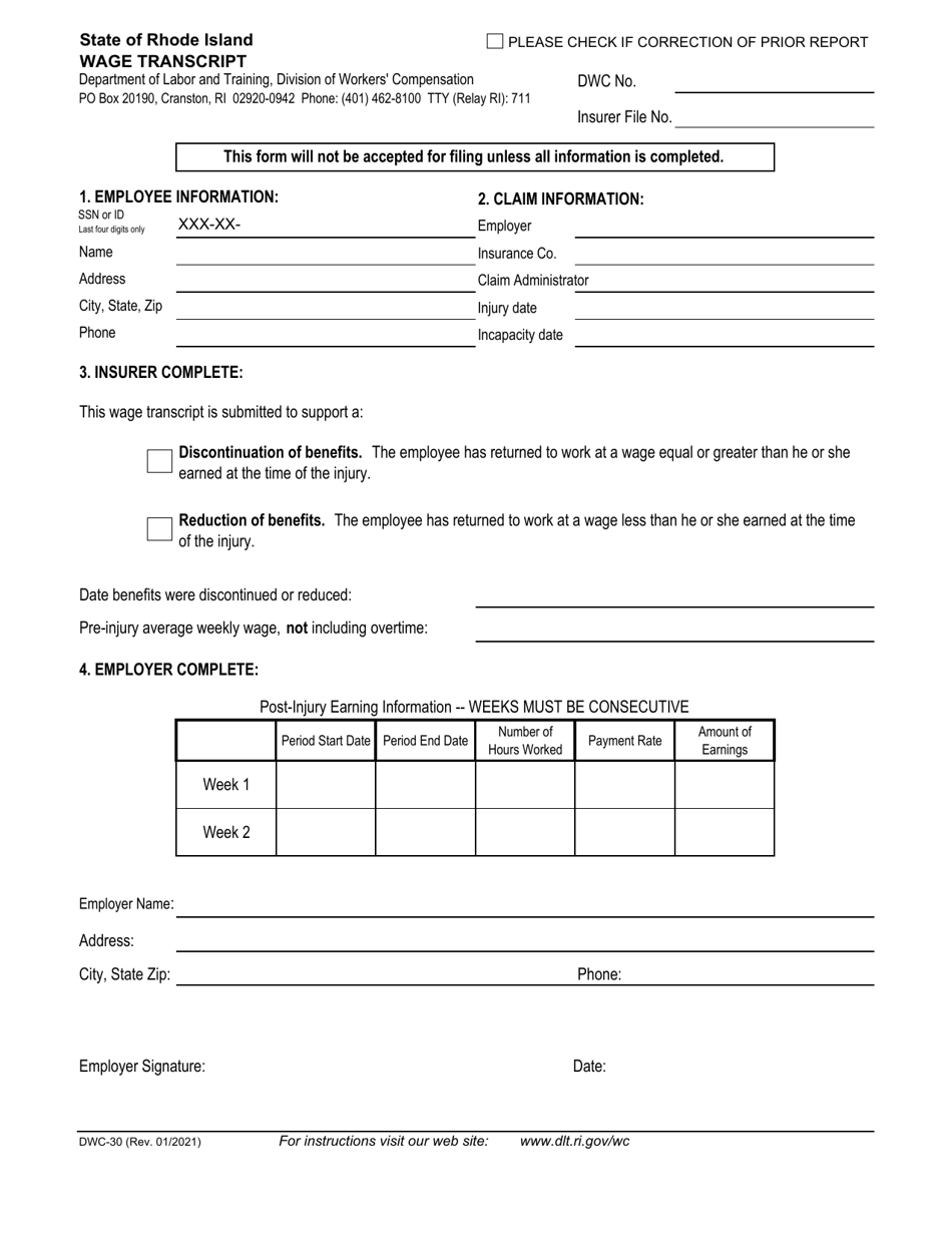 Form DWC-30 Download Fillable PDF or Fill Online Wage Transcript, Rhode ...