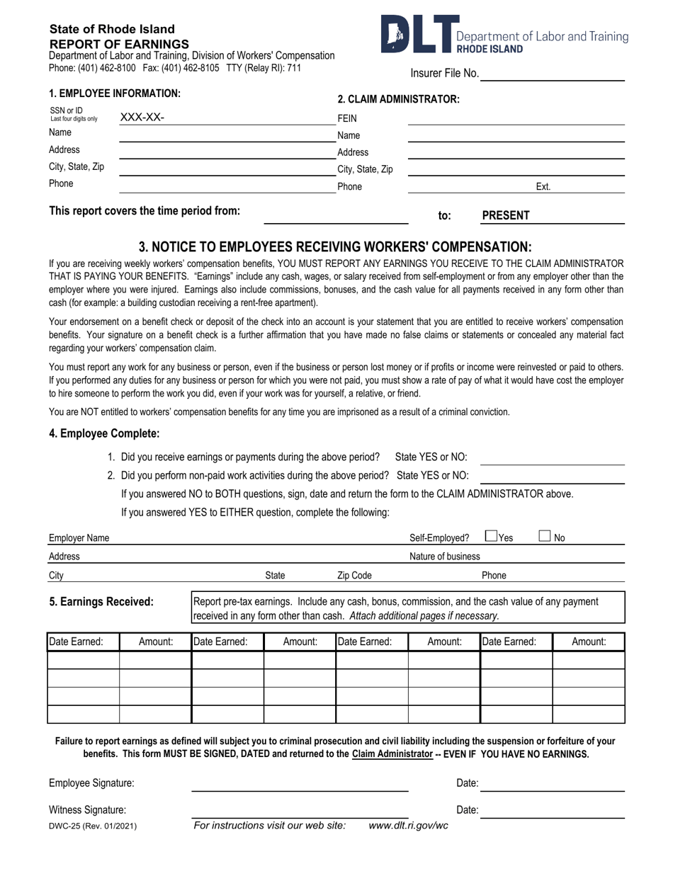 Form DWC-25 Download Fillable PDF or Fill Online Report of Earnings ...