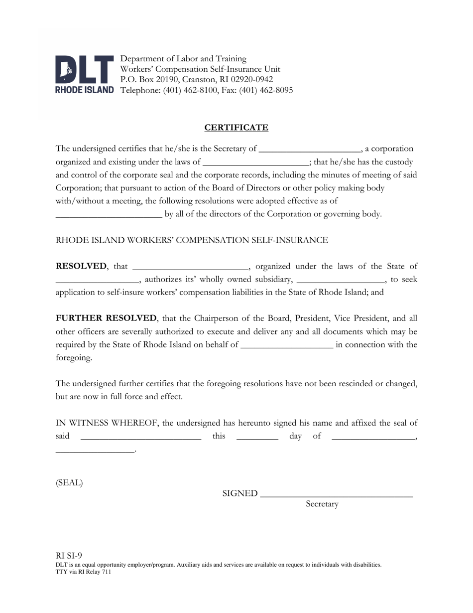 Form RI SI-9 - Fill Out, Sign Online and Download Fillable PDF, Rhode ...