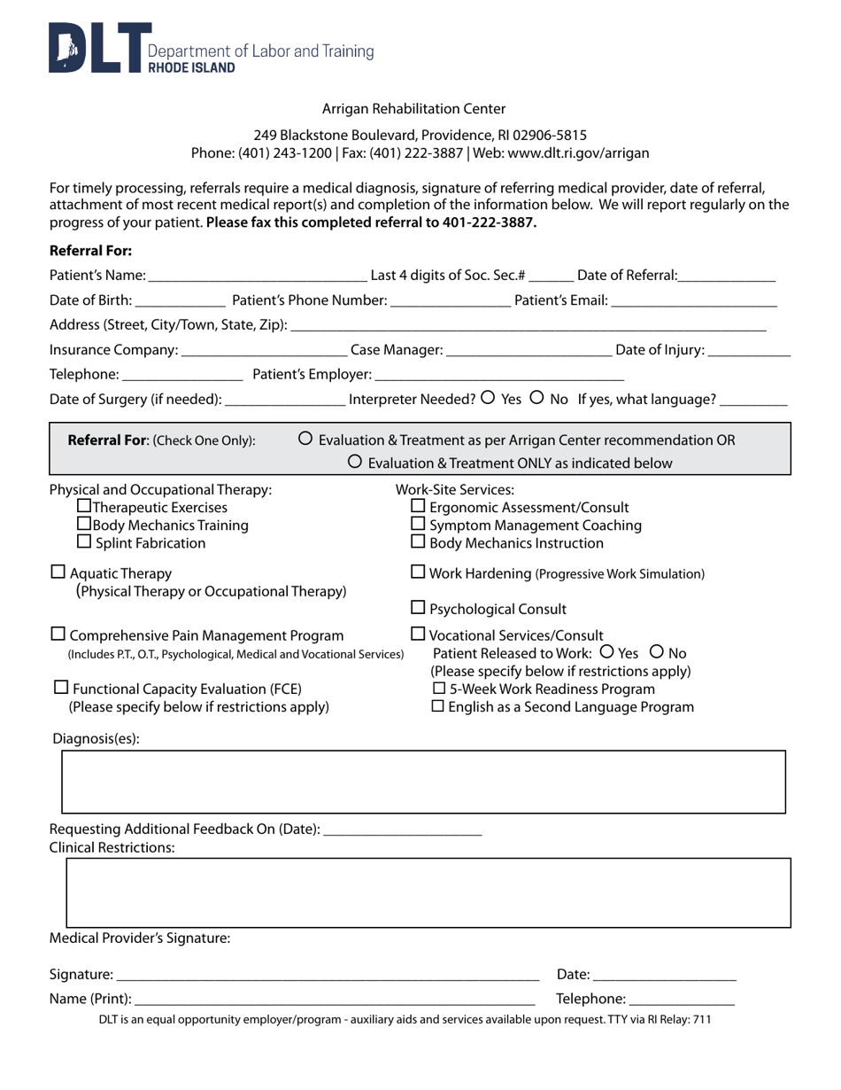 Rhode Island Physician Referal Form - Arrigan Rehabilitation Center ...