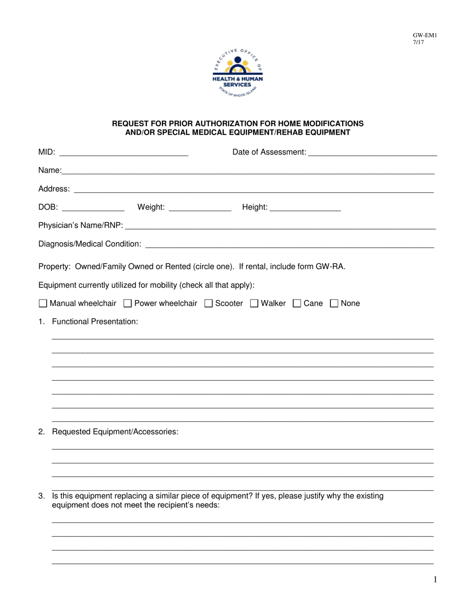 Form GW-EM1 - Fill Out, Sign Online and Download Printable PDF, Rhode Island | Templateroller