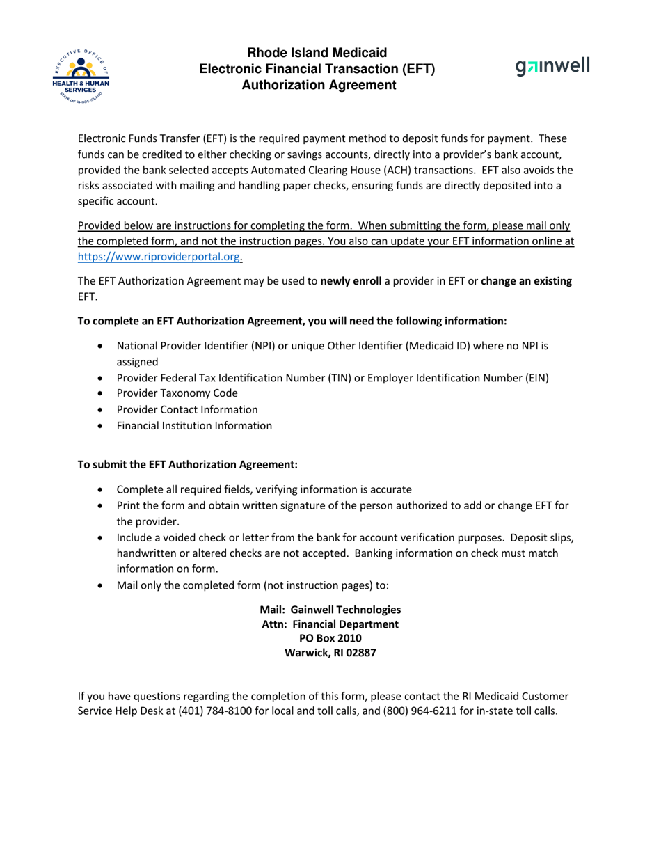 Rhode Island Electronic Financial Transaction (Eft) Authorization Agreement - Fill Out, Sign ...