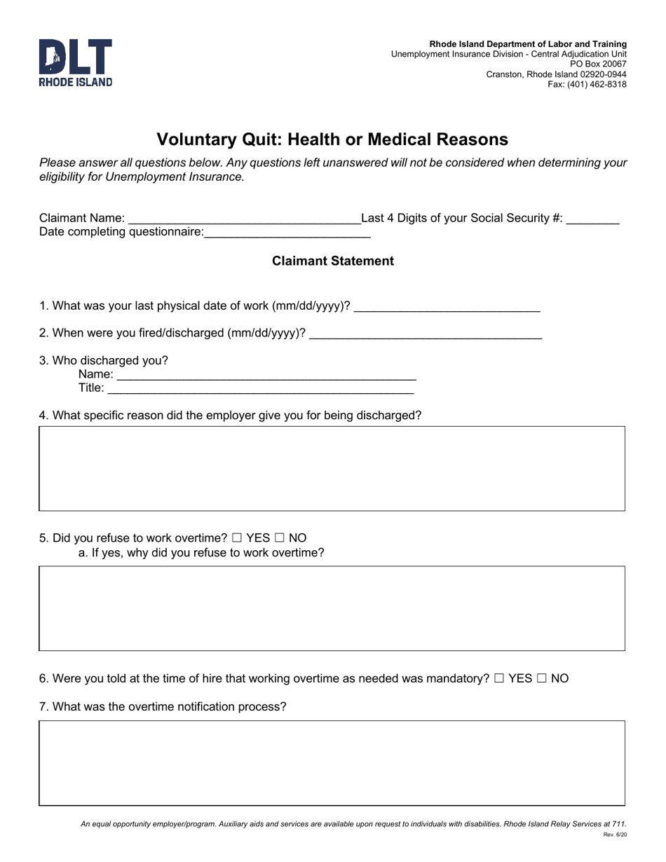 Rhode Island Voluntary Quit: Health or Medical Reasons - Fill Out, Sign ...