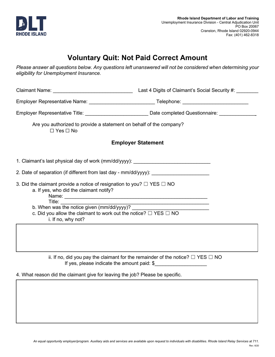 Rhode Island Voluntary Quit: Not Paid Correct Amount - Fill Out, Sign ...