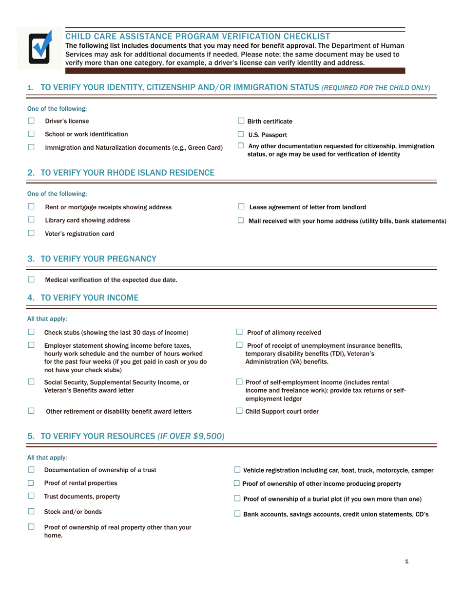 Rhode Island Child Care Assistance Program Verification Checklist ...