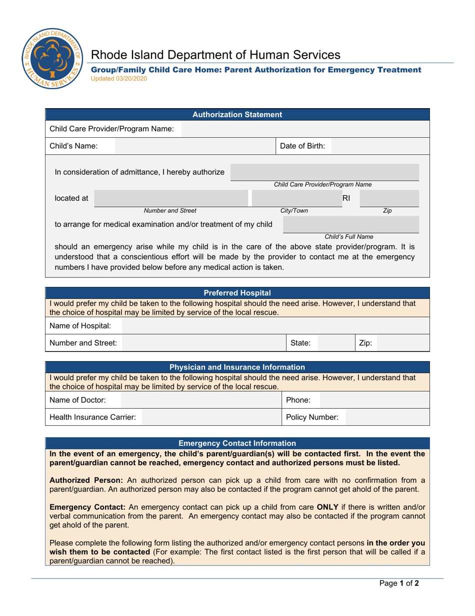 Rhode Island Group/Family Child Care Home: Parent Authorization for ...