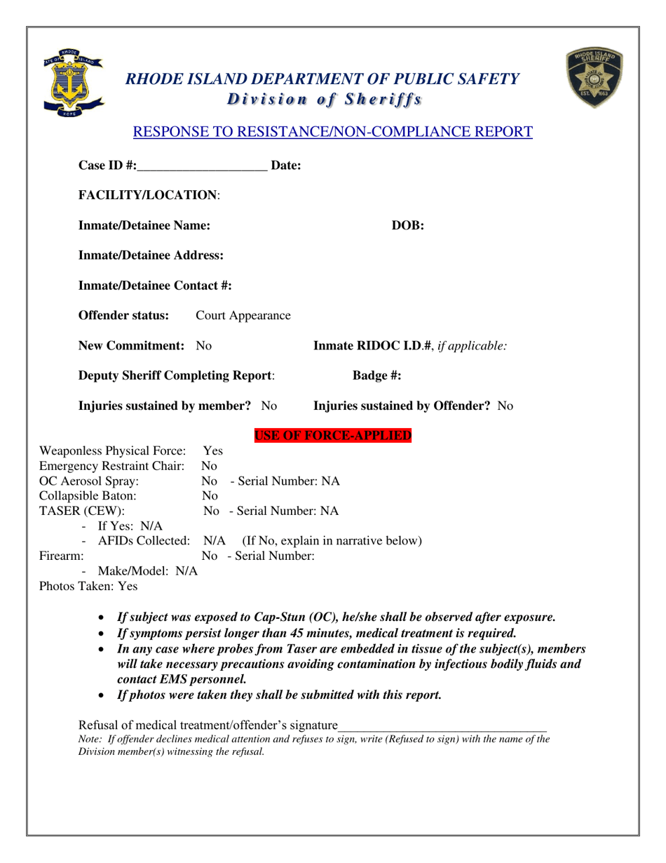 Rhode Island Response to Resistance/Non-compliance Report - Fill Out ...
