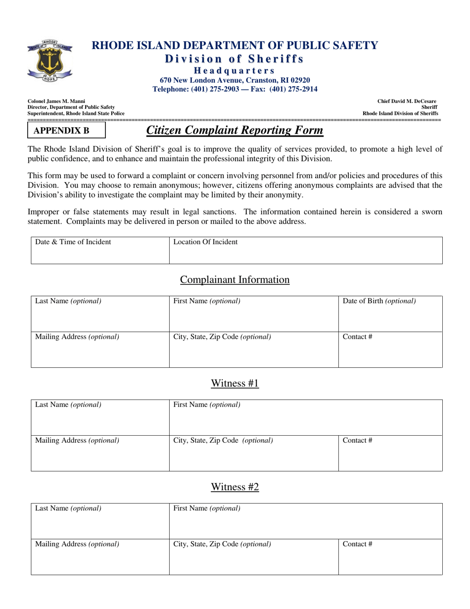 Rhode Island Citizen Complaint Reporting Form - Fill Out, Sign Online ...