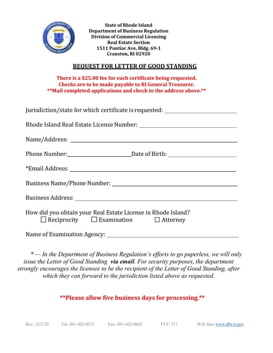 Rhode Island Request for Letter of Good Standing - Fill Out, Sign ...