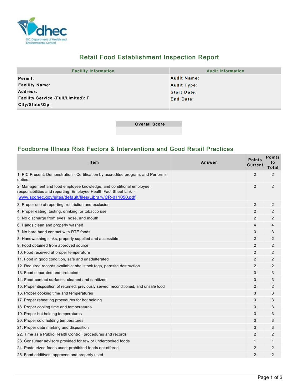 South Carolina Retail Food Establishment Inspection Report - Fill Out ...