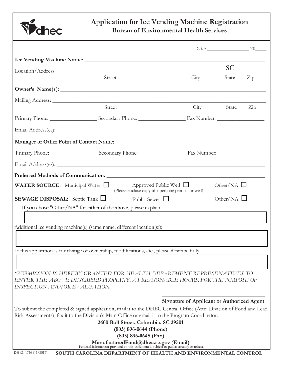 DHEC Form 1746 - Fill Out, Sign Online and Download Fillable PDF, South ...