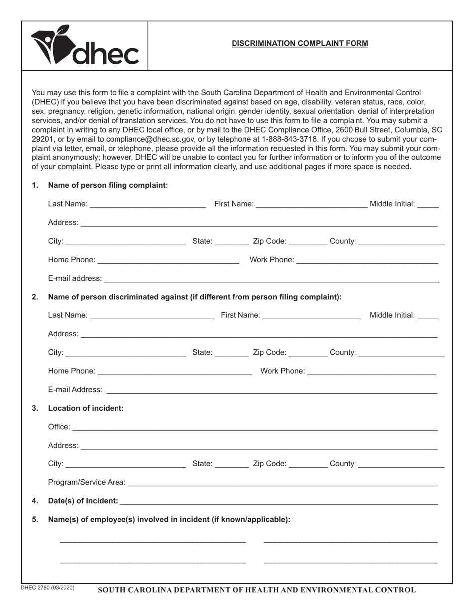 DHEC Form 2780 - Fill Out, Sign Online and Download Fillable PDF, South ...
