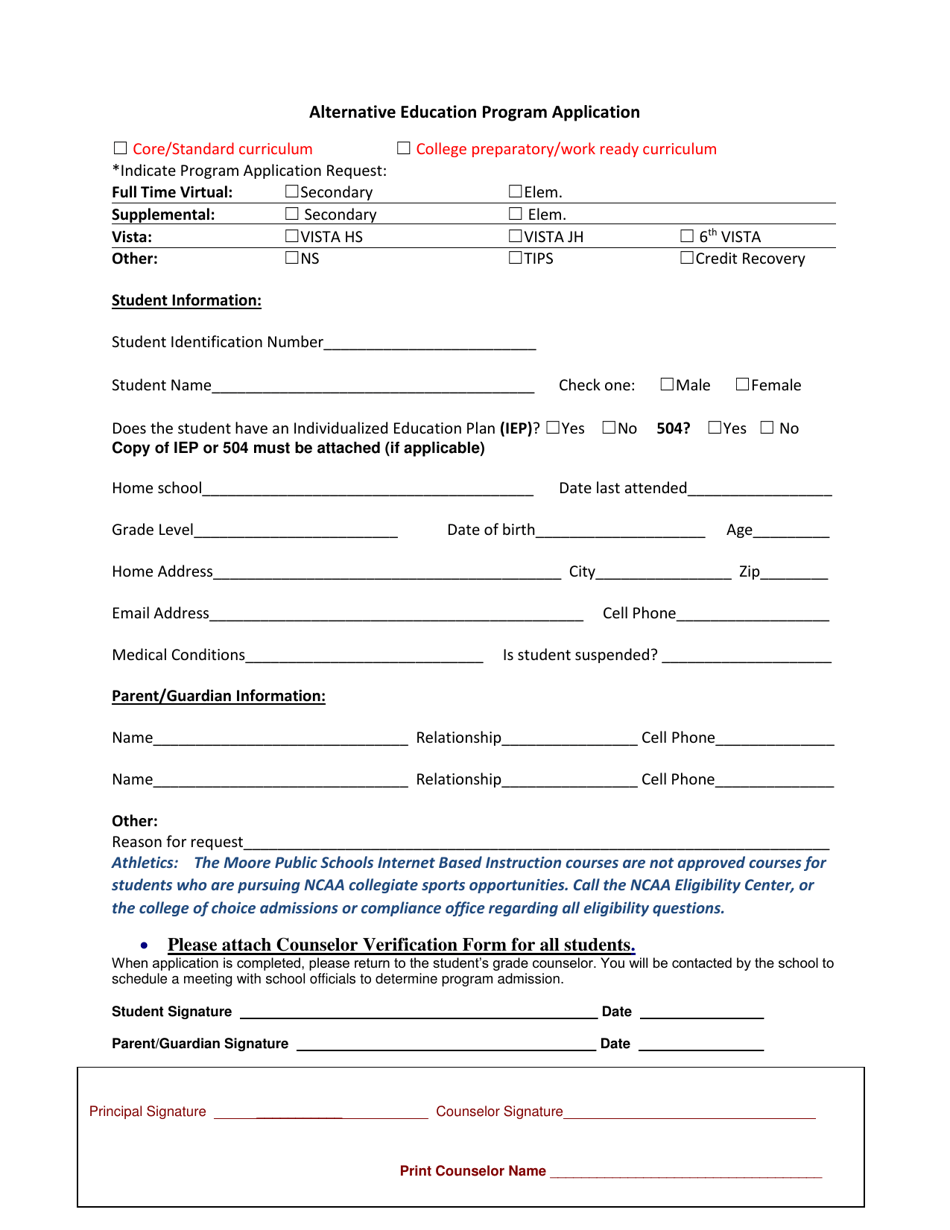 Oklahoma Vista Jr/Hs High Alternative Education Application - Fill Out ...