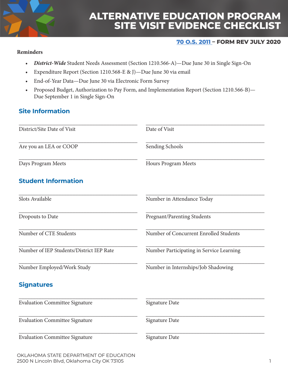 Oklahoma Site Visit Evidence Checklist - Alternative Education Program ...