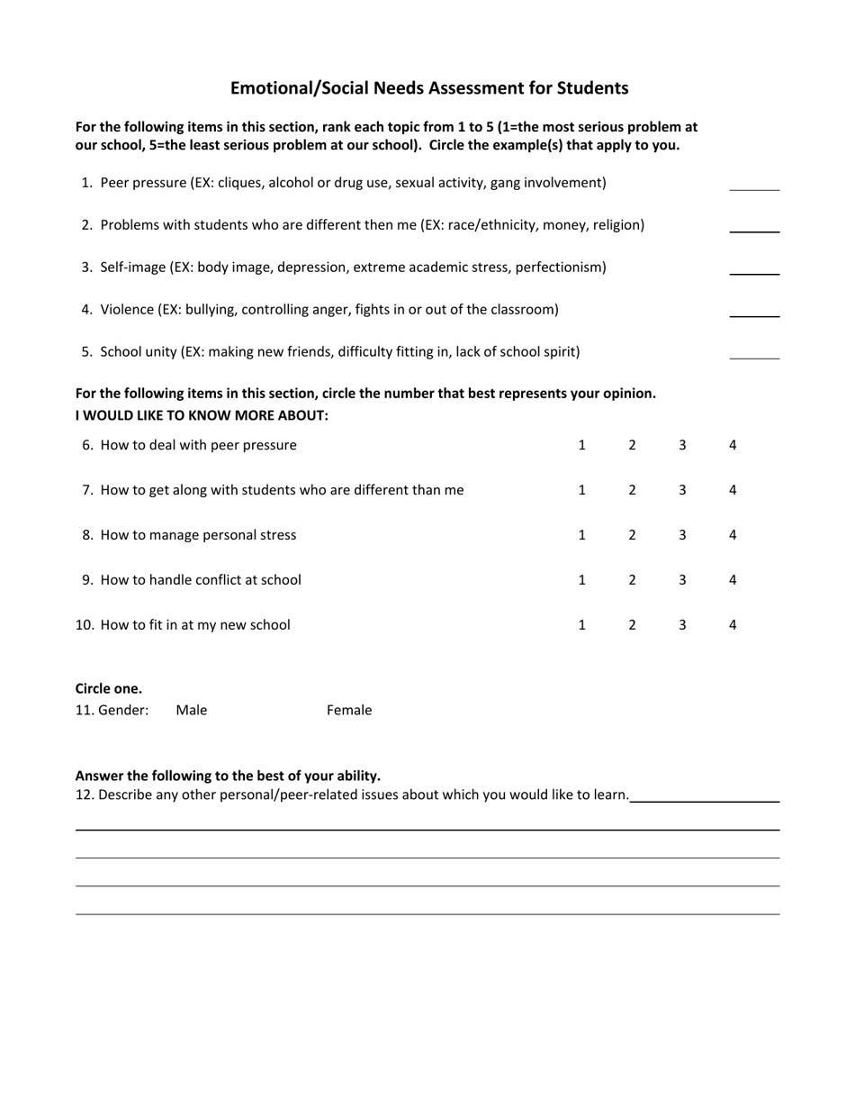 Oklahoma Emotional/Social Needs Assessment for Students - Fill Out ...
