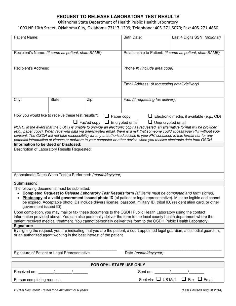 Oklahoma Request to Release Laboratory Test Results - Fill Out, Sign ...
