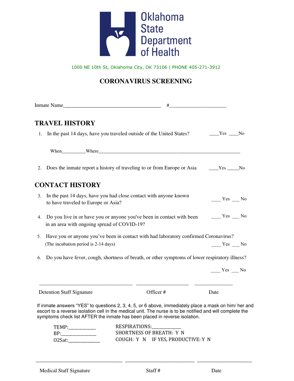 Oklahoma Inmate Coronavirus Screening - Fill Out, Sign Online and ...