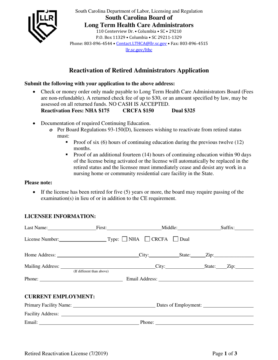 South Carolina Reactivation of Retired Administrators Application ...