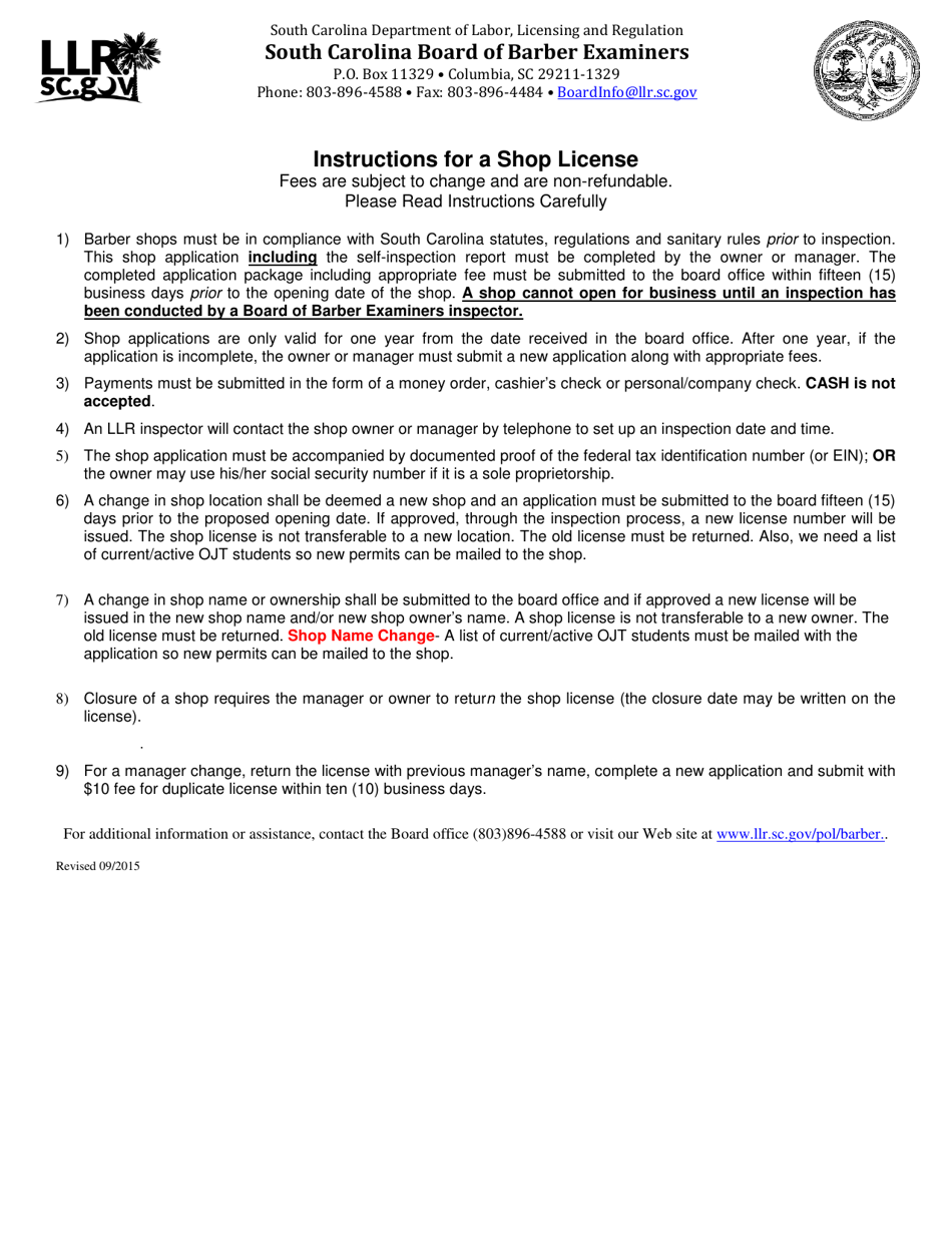 South Carolina Application for Barber Shop - Fill Out, Sign Online and ...