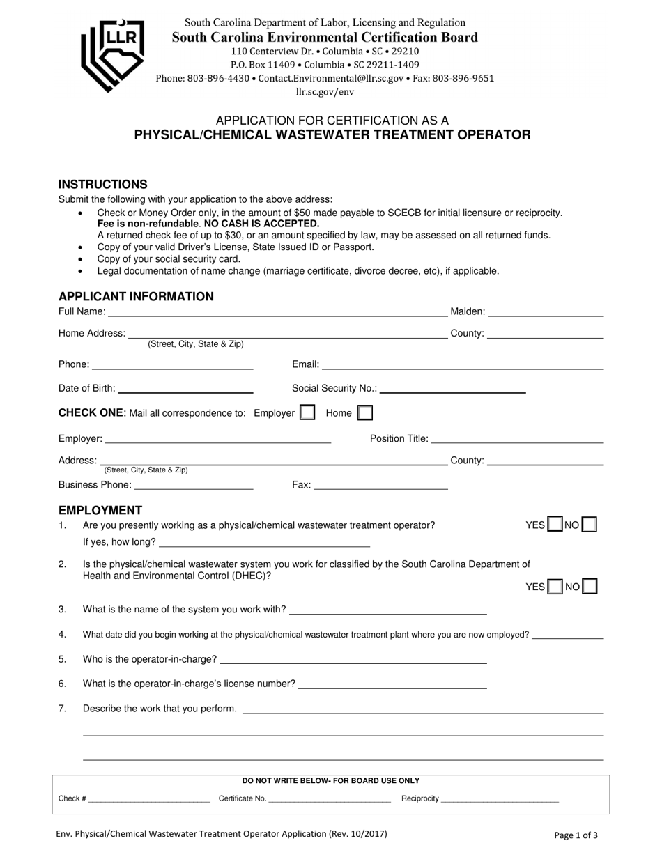 South Carolina Application for Certification as a Physical/Chemical ...